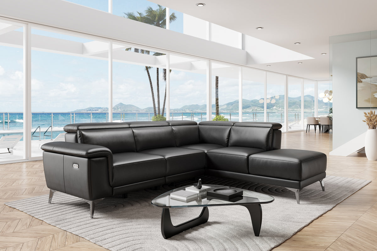 Valencia Pista Modern Top Grain Leather Reclining Sectional Sofa with Right Hand Facing Chaise Black