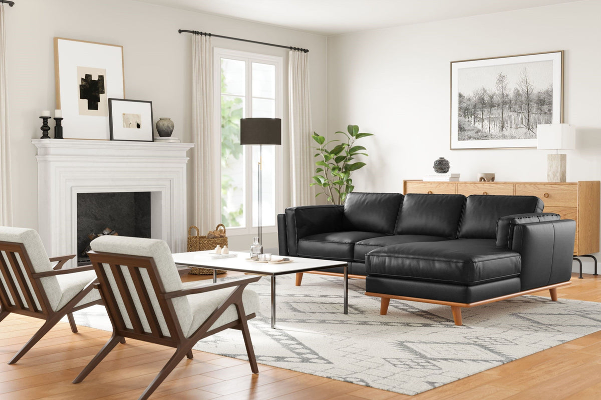 Valencia Artisan Top Grain Leather Three Seats with Right Chaise Leather Sofa Black Color