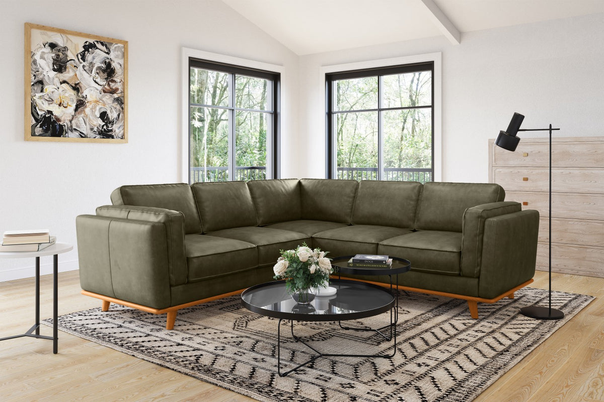 Valencia Artisan L Shape Corner Leather Sectional Sofa Dark Green