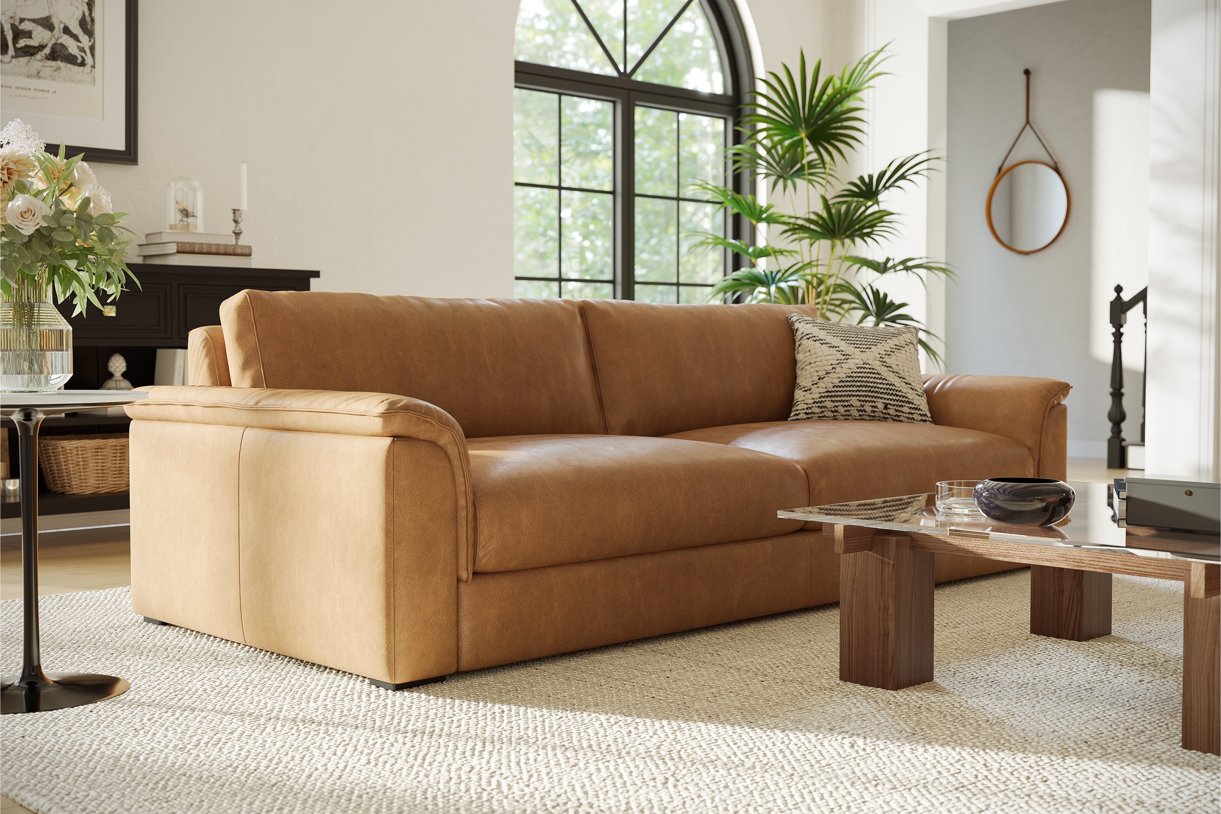 Zaira Leather Wide Sofa Camel Brown